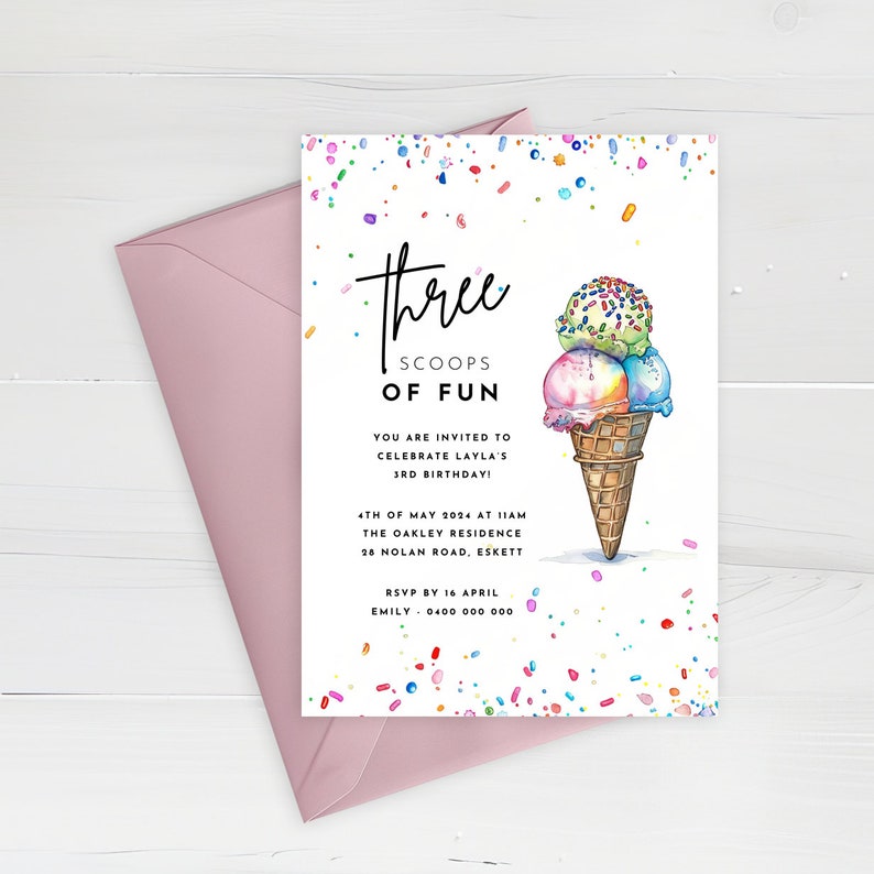 Three Scoops of Fun Kids Birthday Invite, Digital Canva Template, Edit ...
