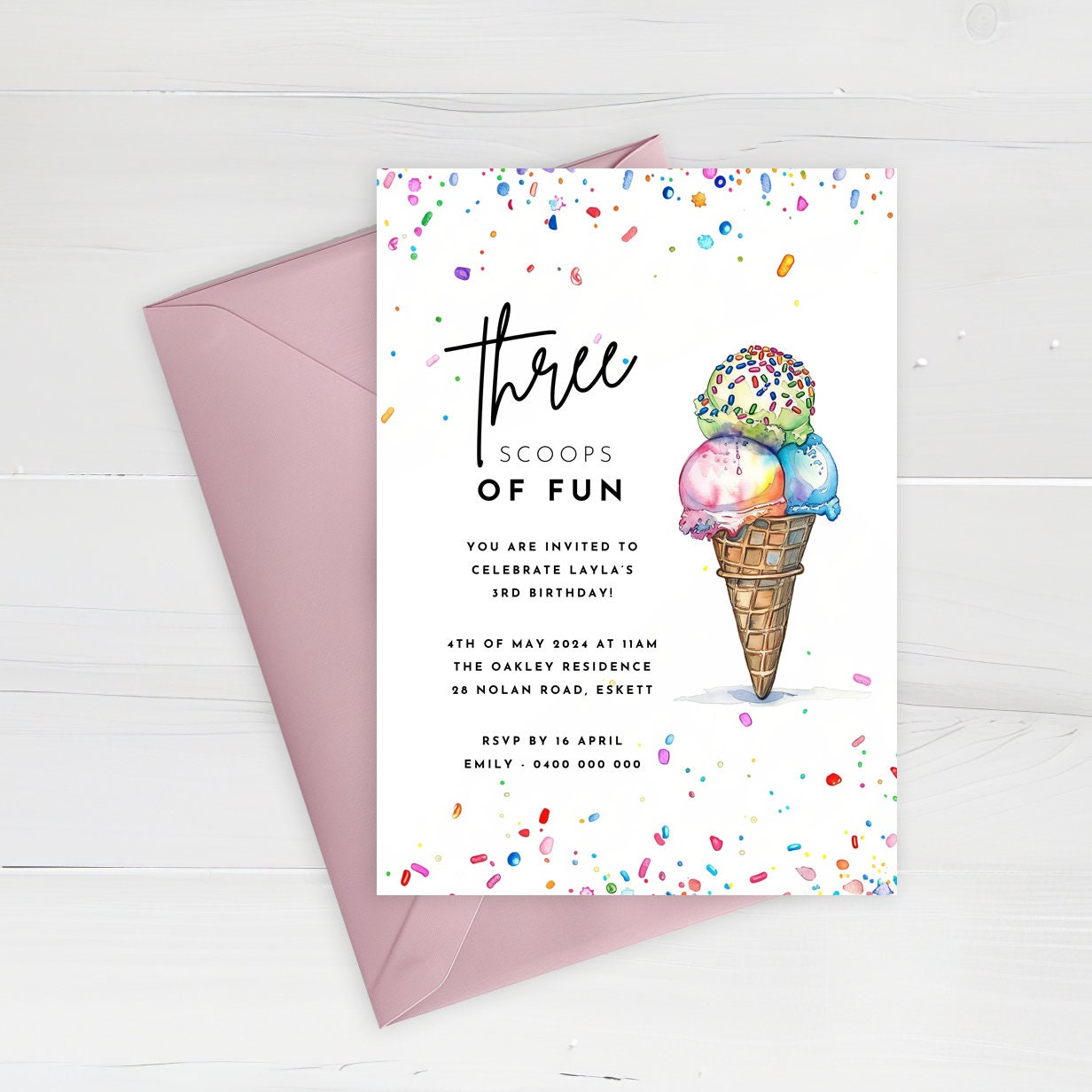 Three Scoops of Fun Kids Birthday Invite, Digital Canva Template, Edit ...