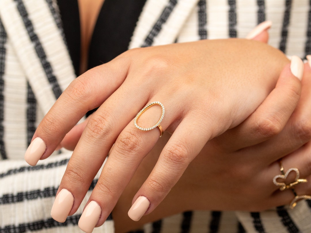 14K Solid Gold Stackable Pave Open Oval Circle Ring With Cubic Zircon ...