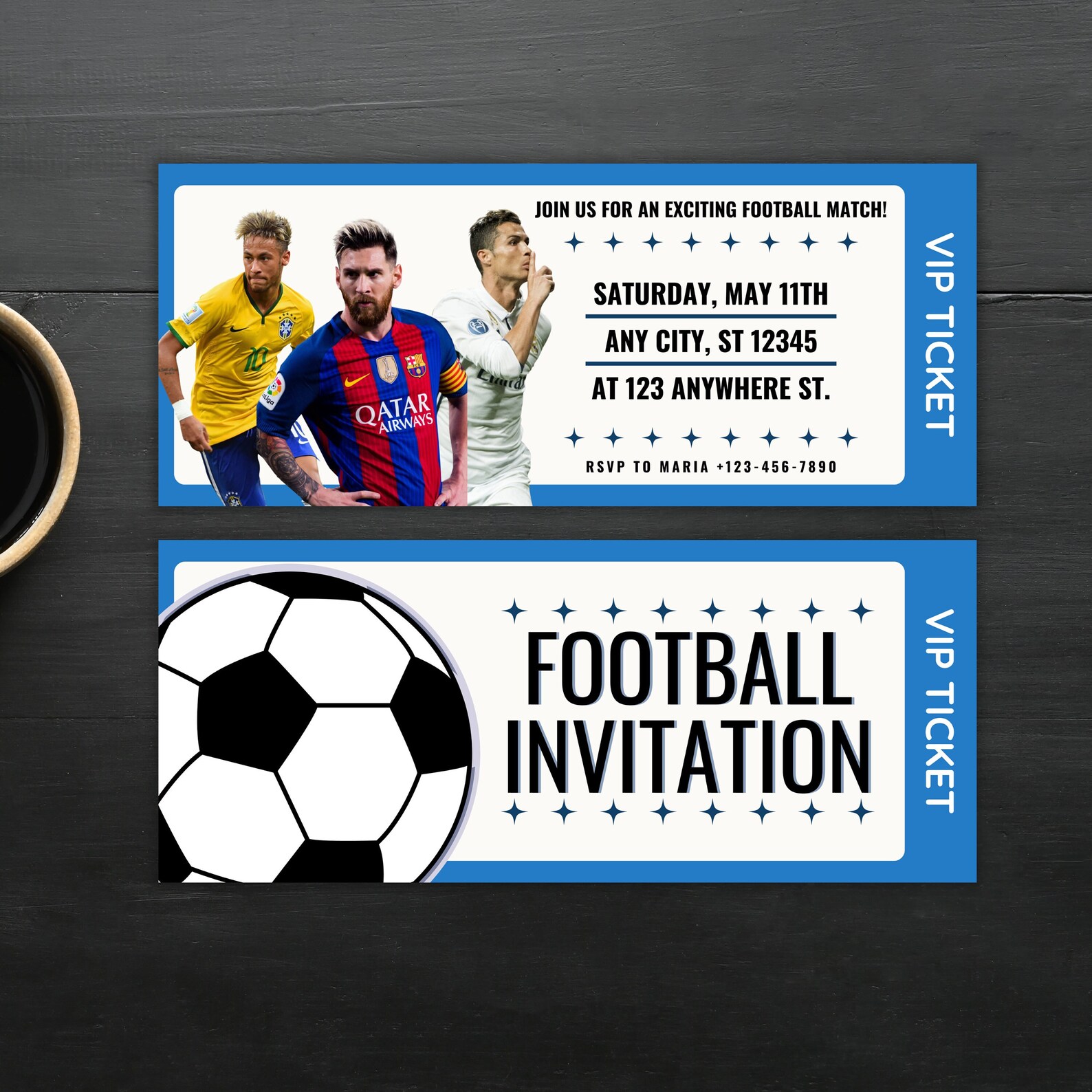 Cristiano Ronaldo, Messi, and Neymar Birthday Invitation, Ticket ...