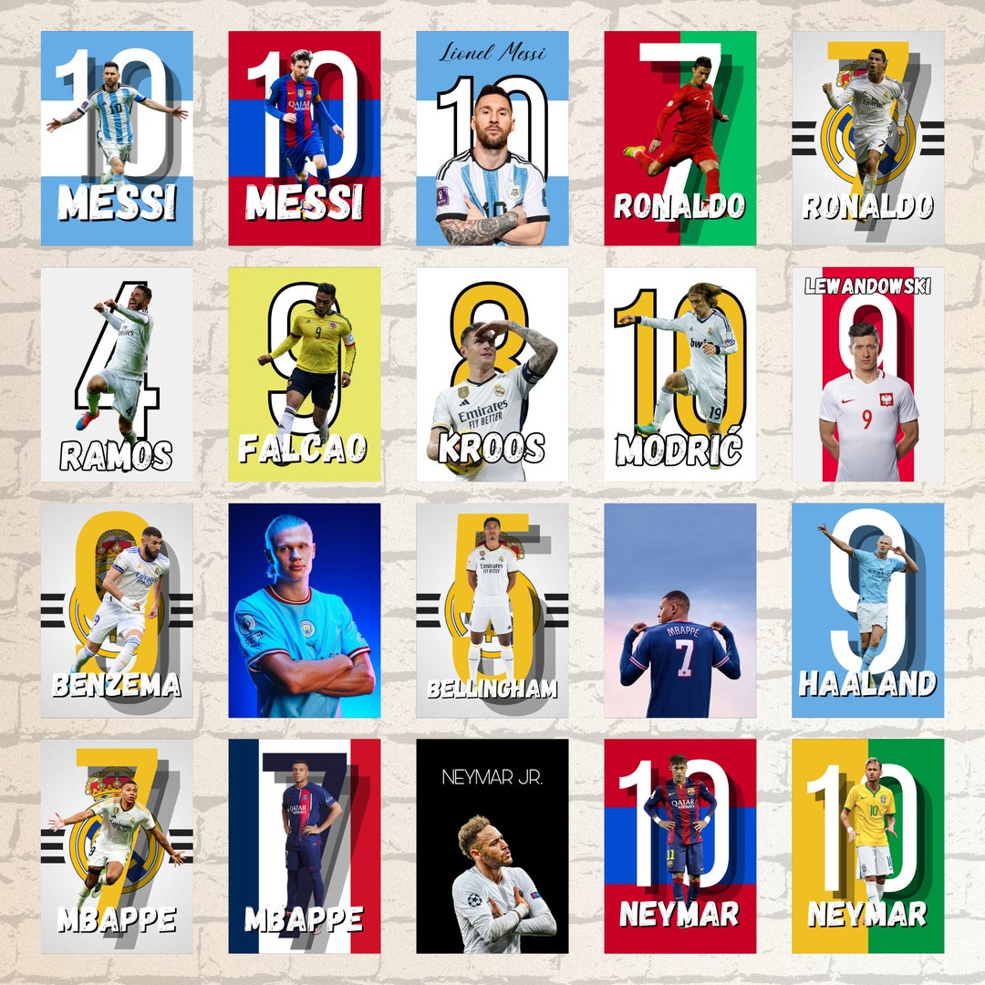 Set of Football Posters, Messi Neymar Mbappe Ronaldo Vinicius Haaland ...