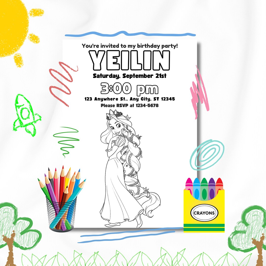 Birthday Coloring Invitation Editable of Tangled, Printable Rapunzel ...