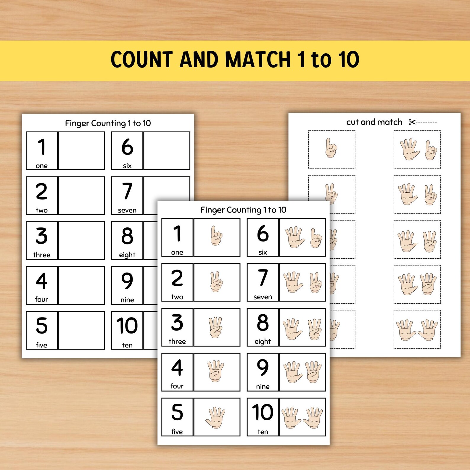 Finger Counting 1 to 10 Matching Worksheets, Preschool Numbers Matching ...