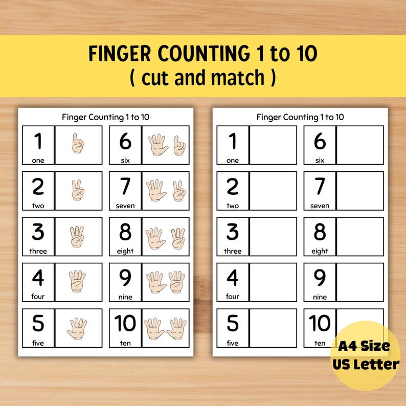 Finger Counting 1 to 10 Matching Worksheets, Preschool Numbers Matching ...
