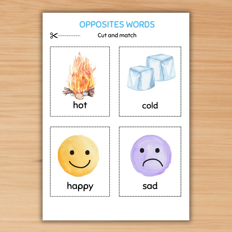 Opposites Matching Flashcards, Printable Vocabulary Activity, Matching ...