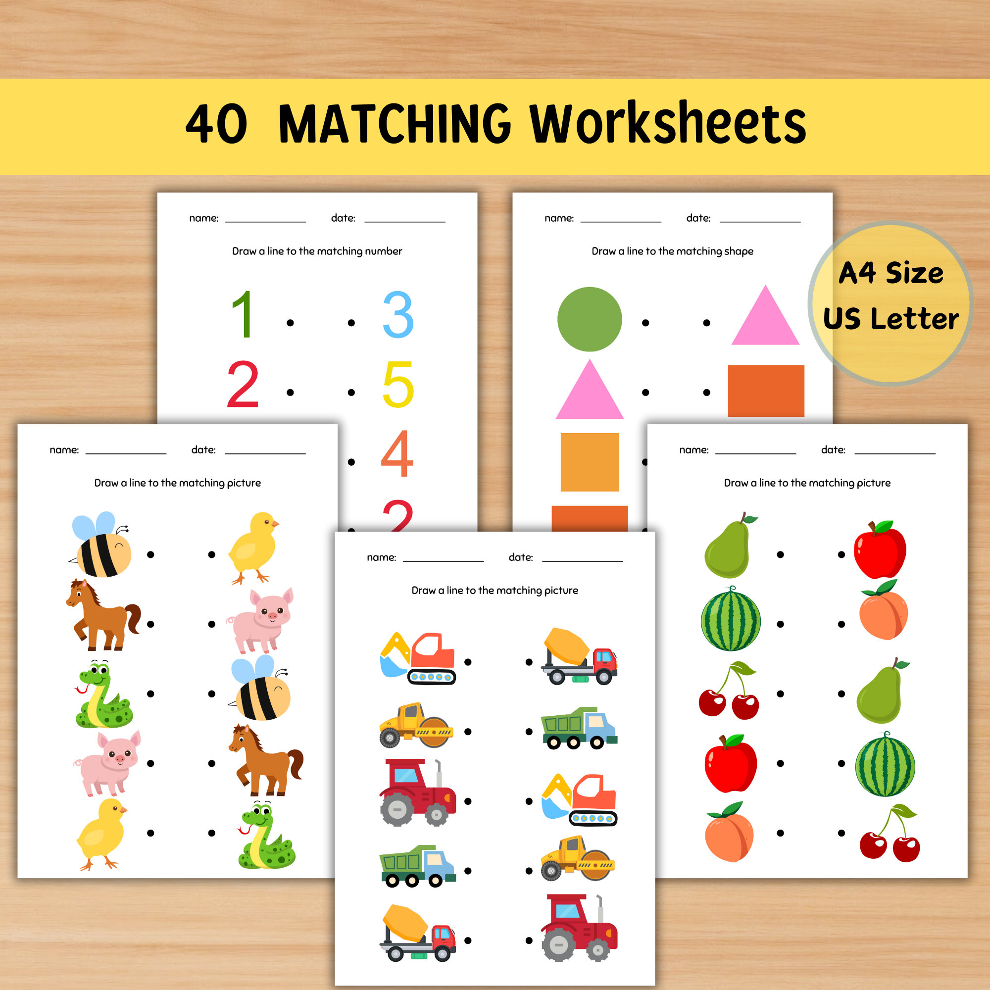 40 Matching Worksheets, Preschool Matching Activity for Kids, Printable ...