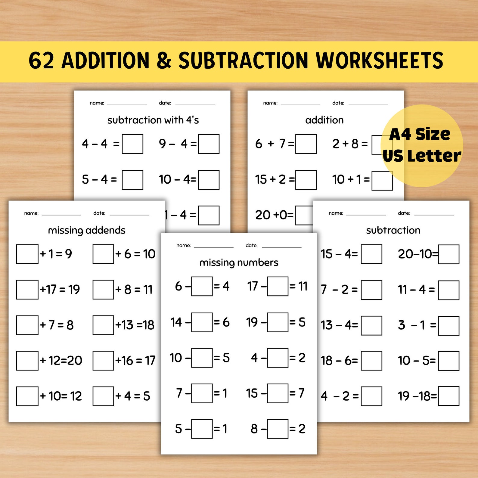 62 Addition and Subtraction Worksheets, Math Worksheets, 1st 2nd Grade ...