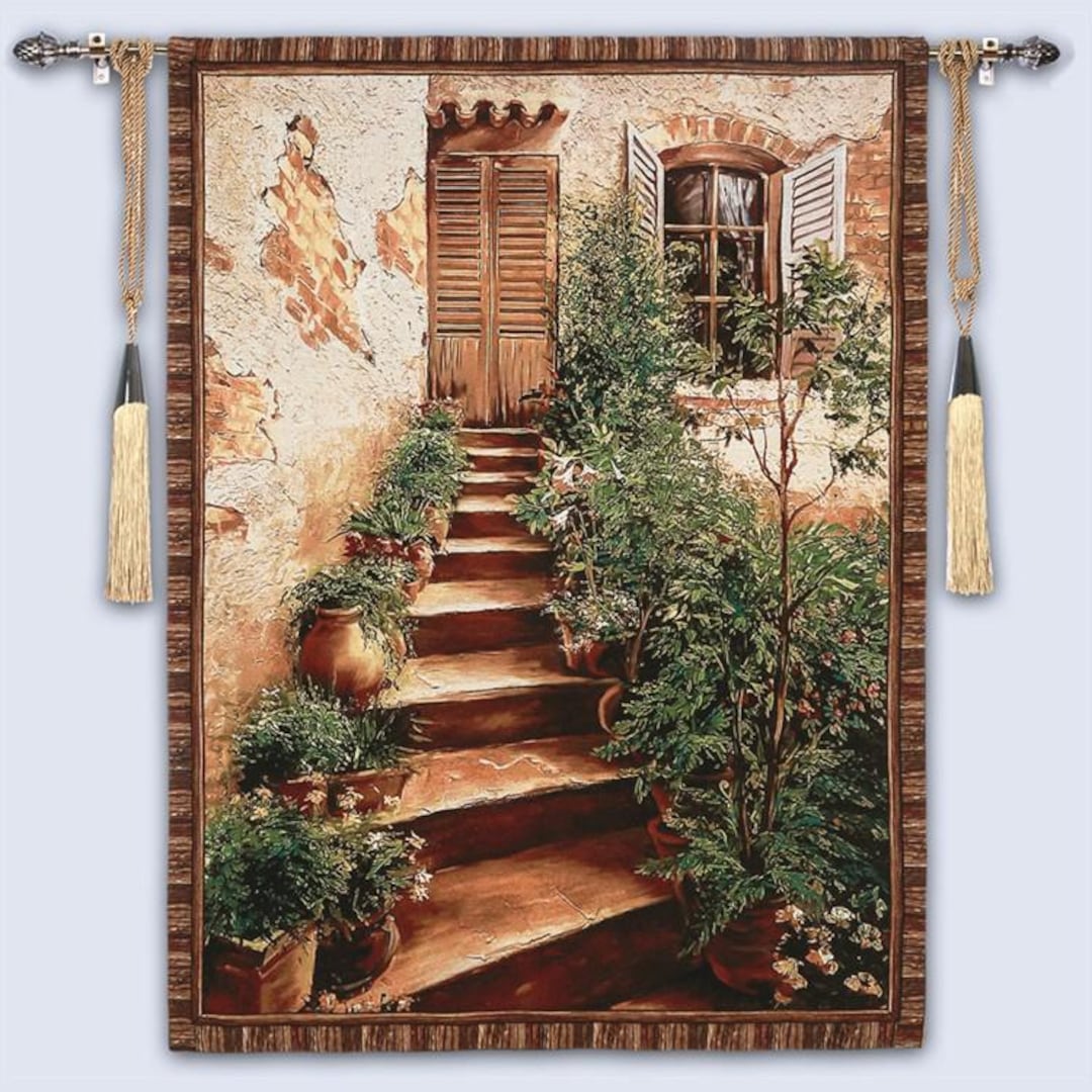 Mediterranean Staircase Wall Tapestry, Rustic Courtyard Landscape ...