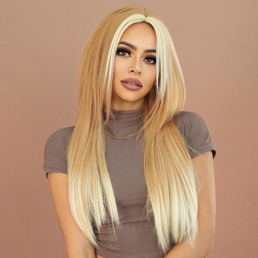 Weasel Stripe Milk Tea Gold Layered Long Straight Hair Highlights Gold ...