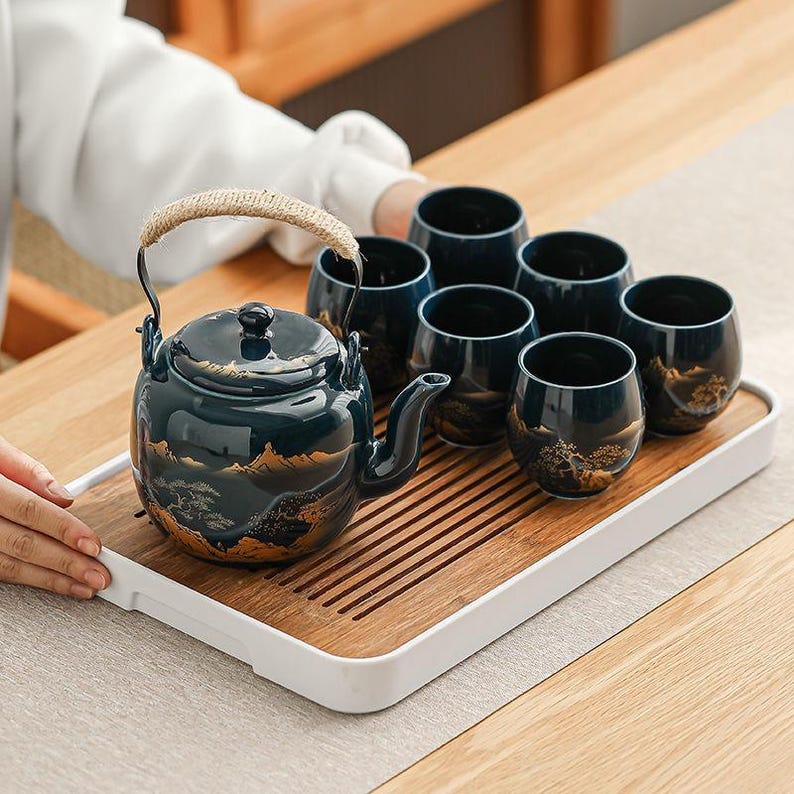 Dark Blue Landscape Ceramic Tea Set, Vintage Japanese Tea Set, Teapot ...
