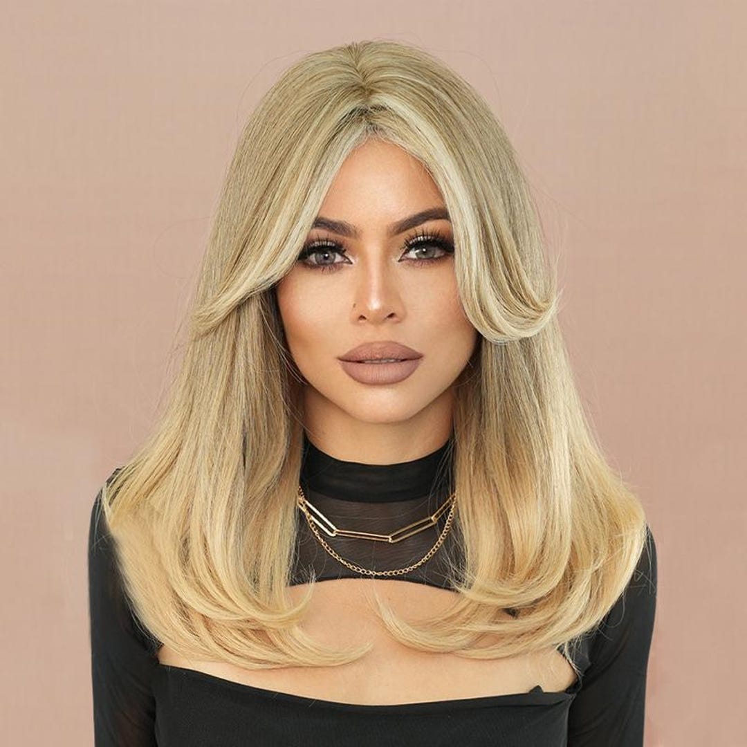 Flaxen Blond Medium Length Wigs,20 Inch Slightly Curly Wigs,center ...