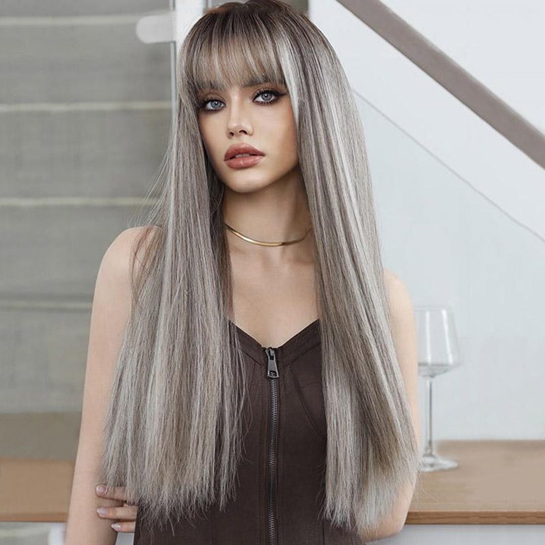 26 Inch Long Wigs, Wigs With Bangs, Gray Straight Wigs, Daily Wear Wigs ...