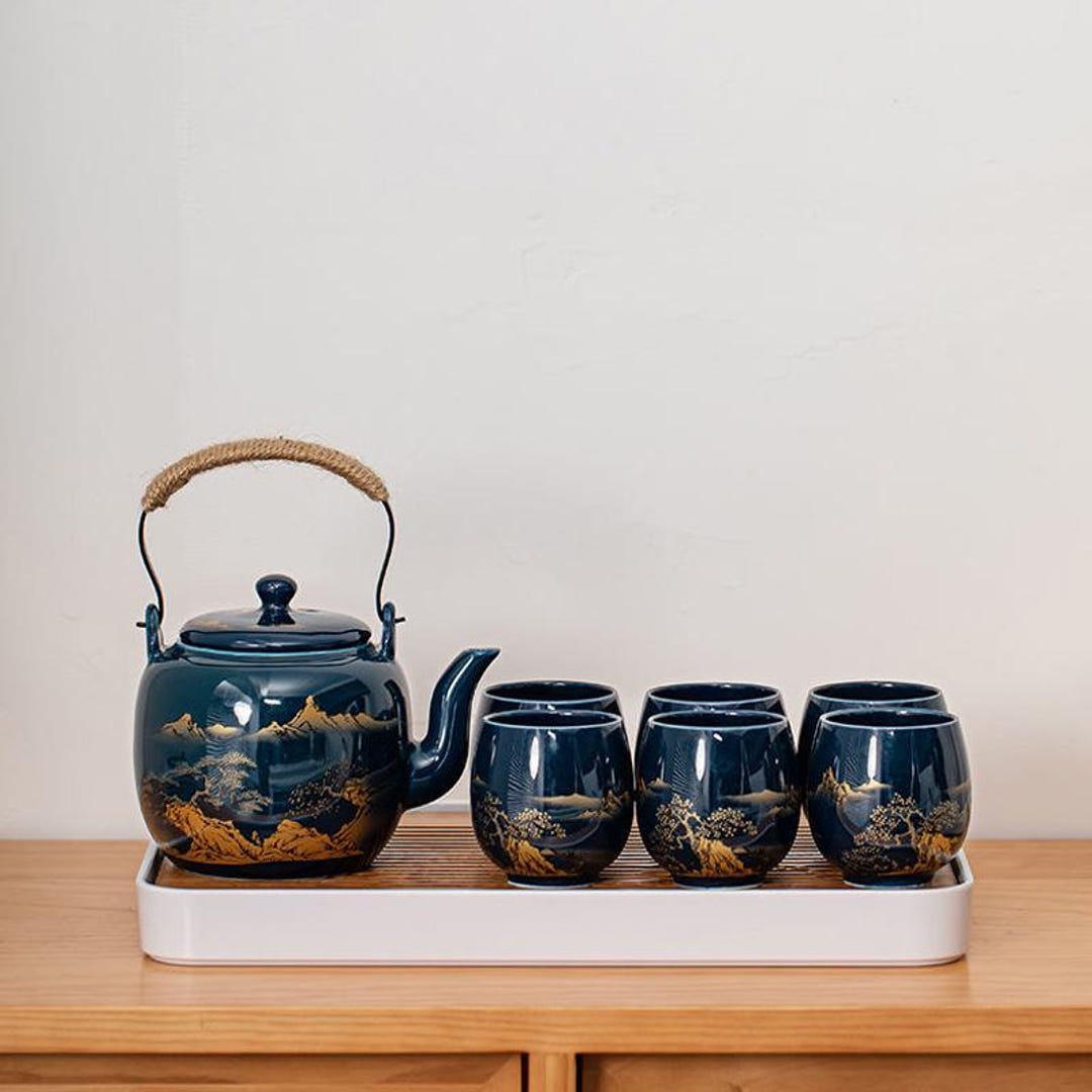 Dark Blue Landscape Ceramic Tea Set, Vintage Japanese Tea Set, Teapot ...