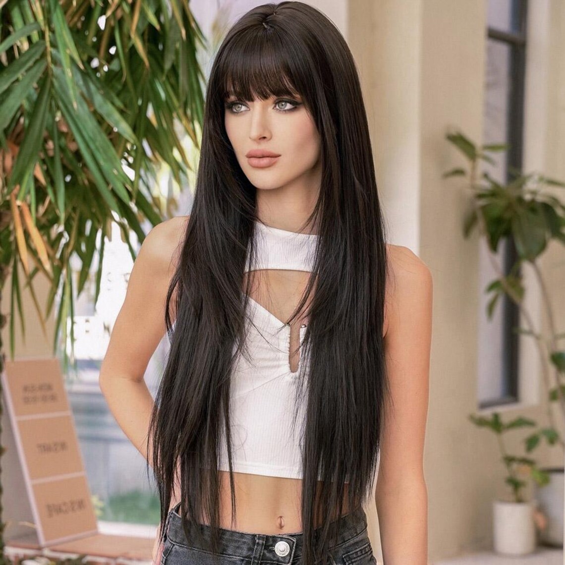 Black Extra Long Straight Wigs, Layered Straight Hair, Wigs With Bangs ...