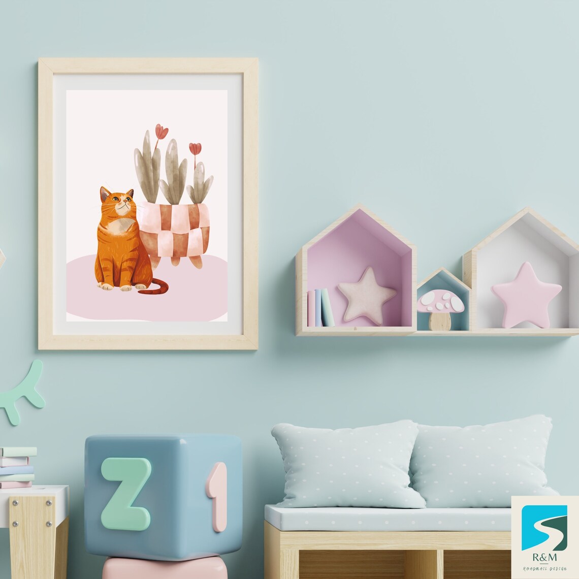 Printable Wall Art, Orange Cat Poster, Flowers and Cats, Flower Art ...
