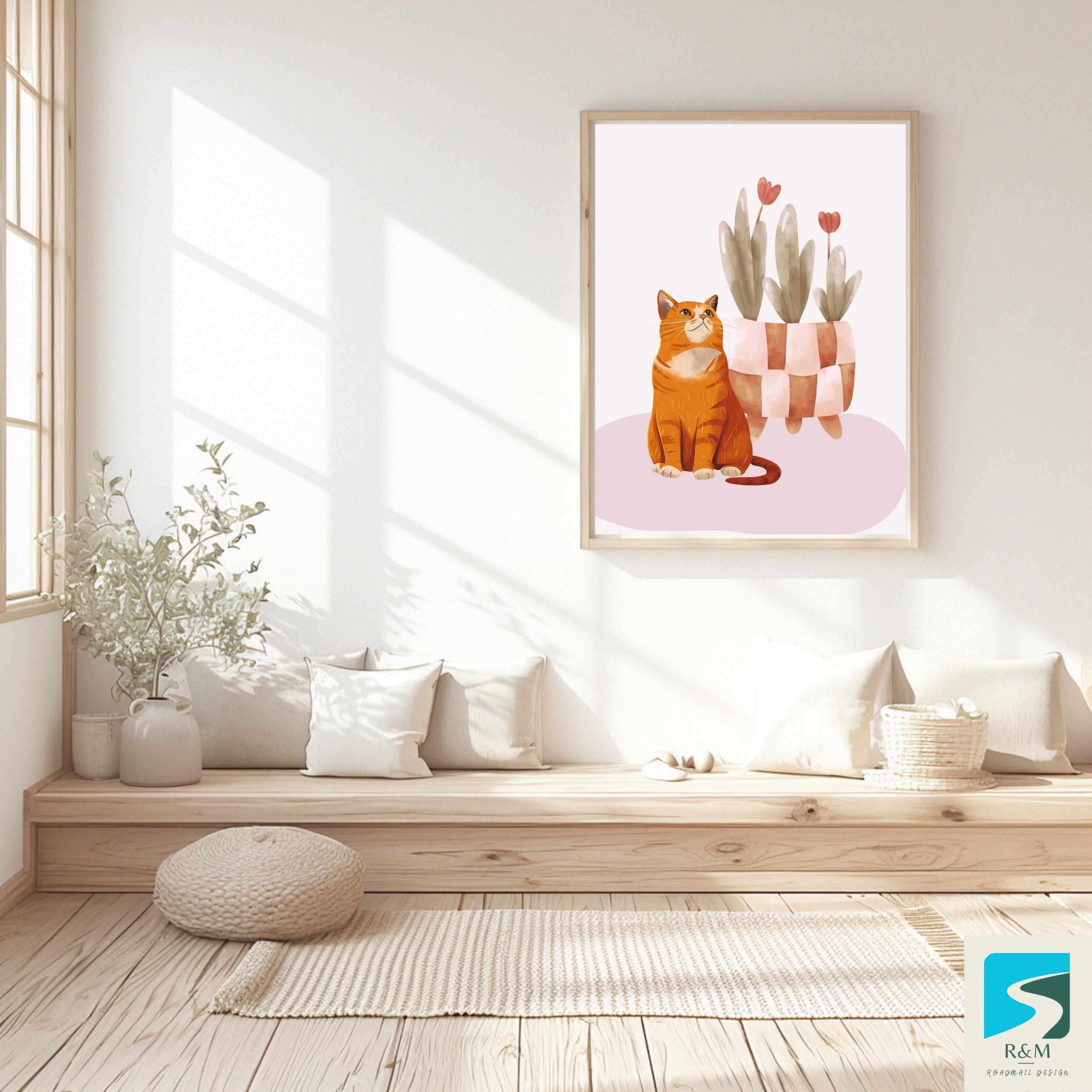 Printable Wall Art, Orange Cat Poster, Flowers and Cats, Flower Art ...
