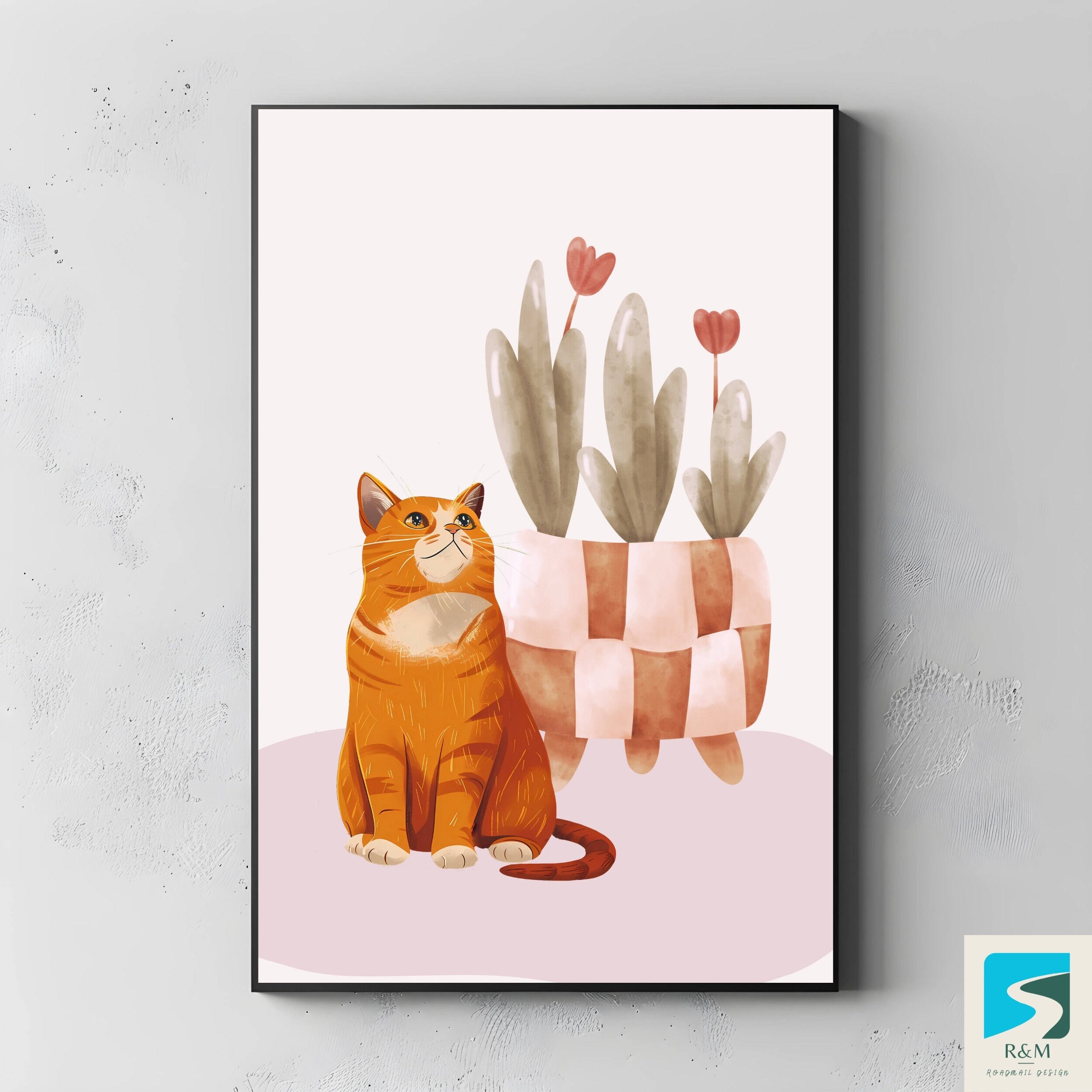 Printable Wall Art, Orange Cat Poster, Flowers and Cats, Flower Art ...
