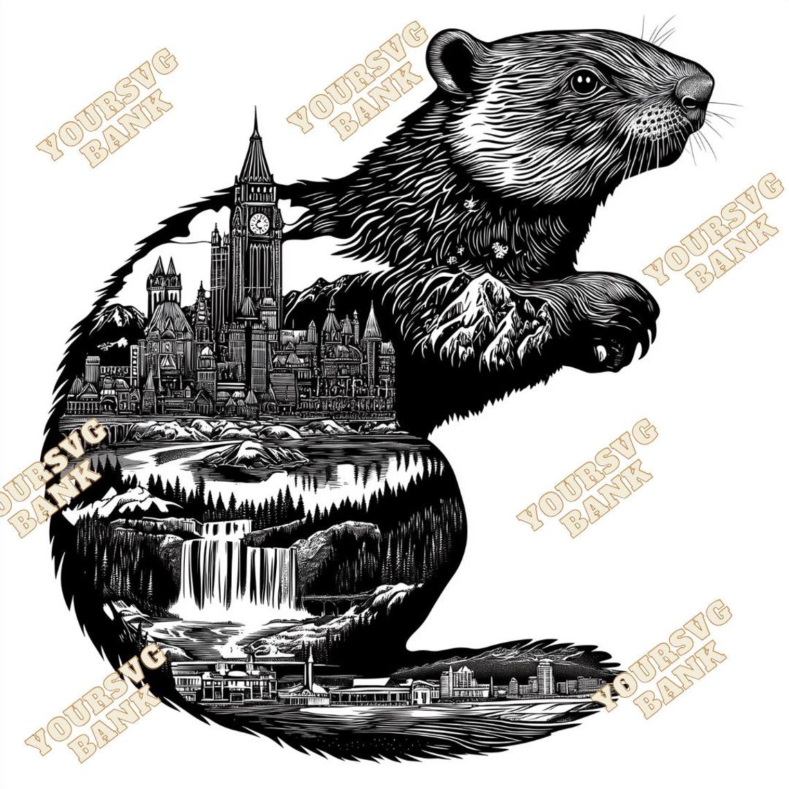 Majestic Beaver Canadian Landmarks SVG & PNG - Black and White Vector ...