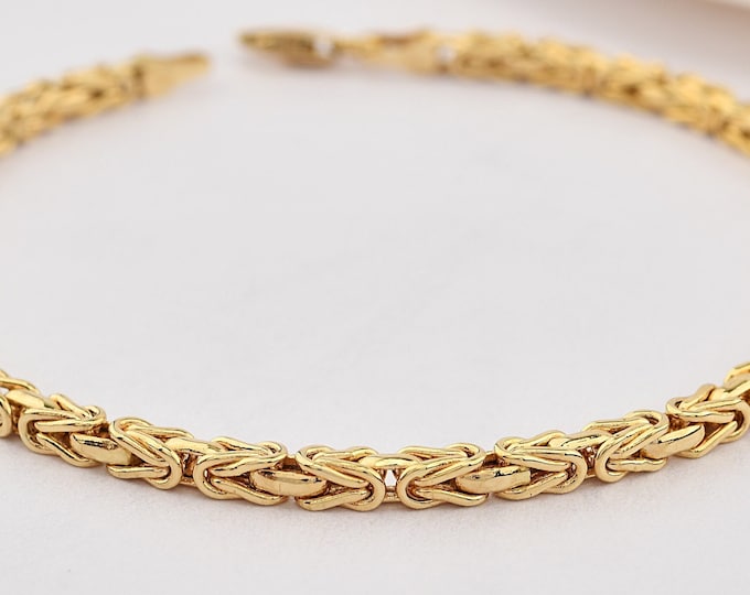 14K Real Gold Byzantine Flat Chain Bracelet, King Chain Bracelet, 3 MM ...