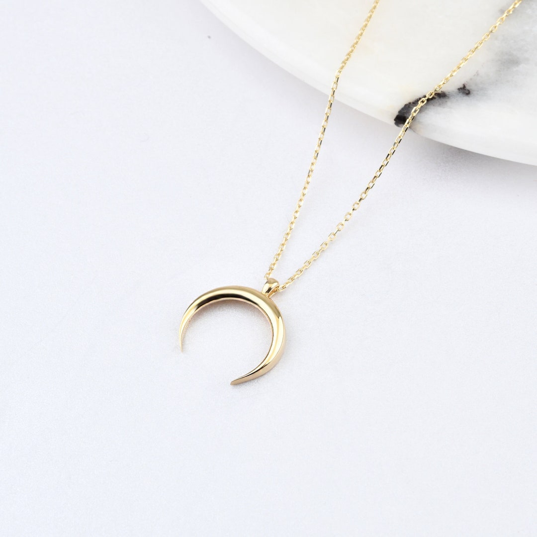 14K Gold Horn Necklace, Gold Moon Necklace, Horn Charm Necklace ...