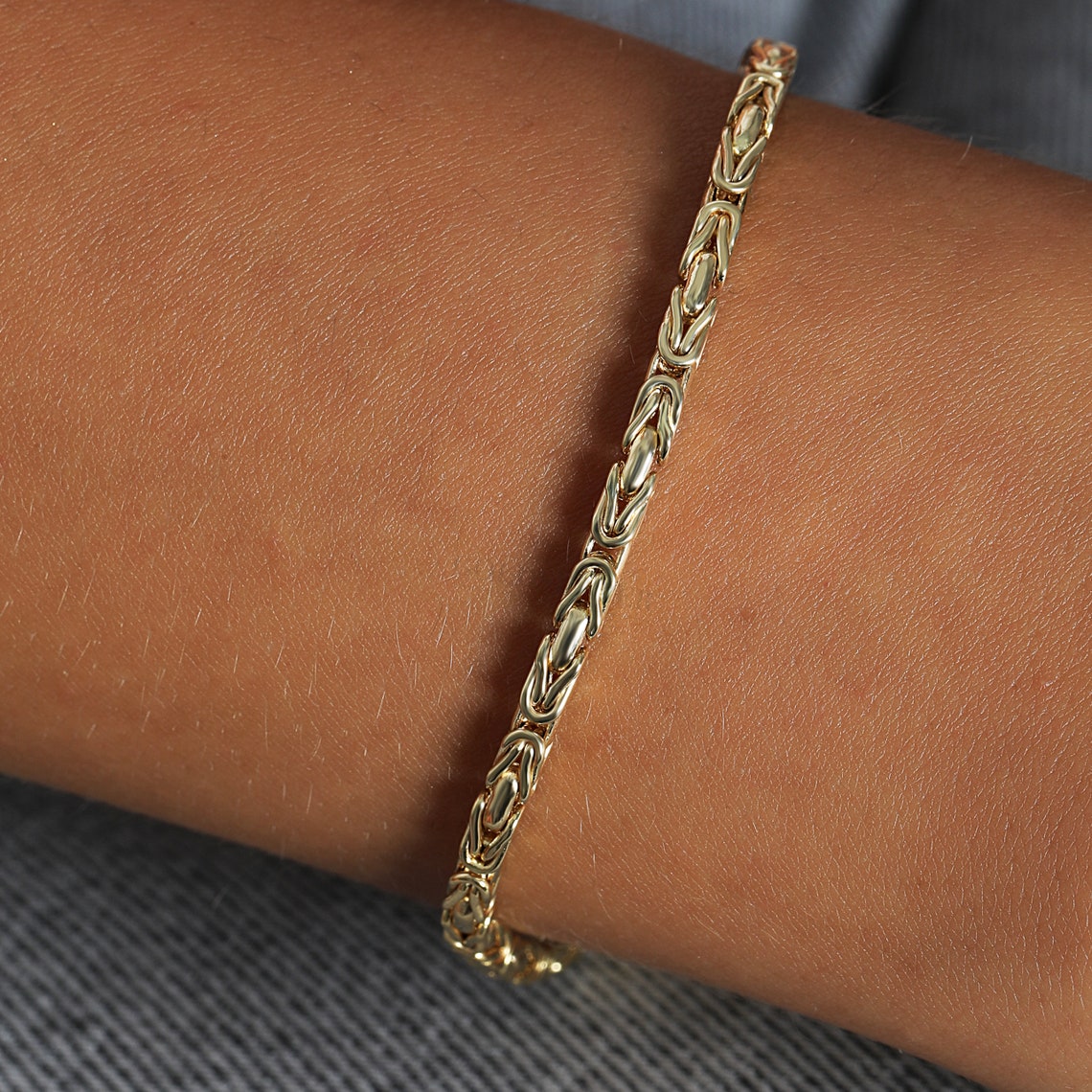 14K Real Gold Byzantine Flat Chain Bracelet, King Chain Bracelet, 3 MM ...