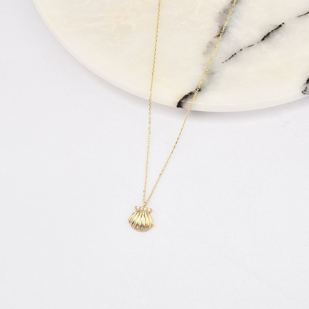 14K Gold Shell Necklace, Solid Gold Shell Necklace, Sea Shell Necklace ...