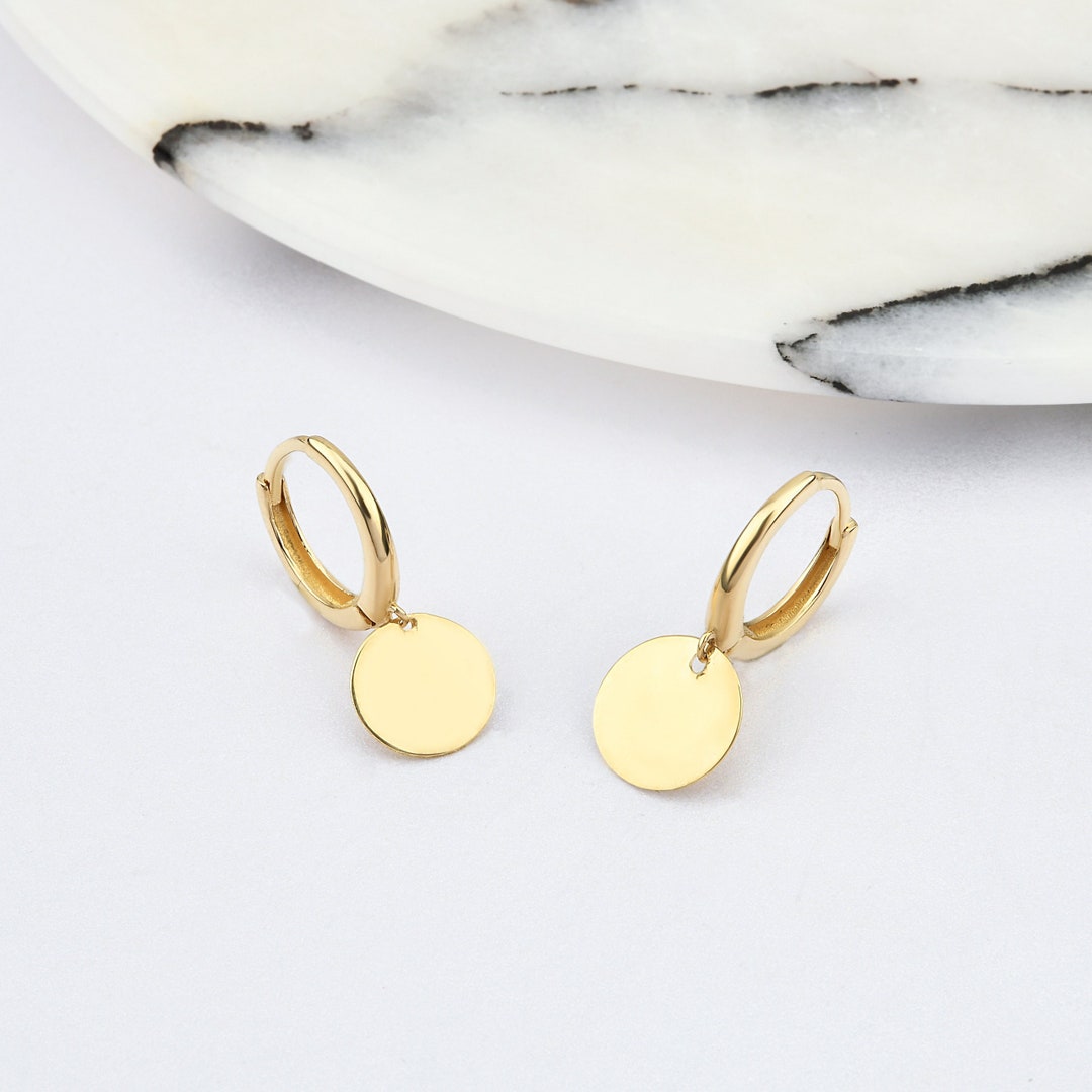 14K Gold Disc Hoop Earrings, Solid Gold Coin Earrings, 7MM Discs, Gold ...