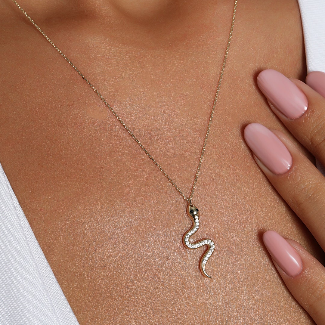 14K Gold Snake Necklace, Gold Serpent Snake Necklace, Snake Charm ...