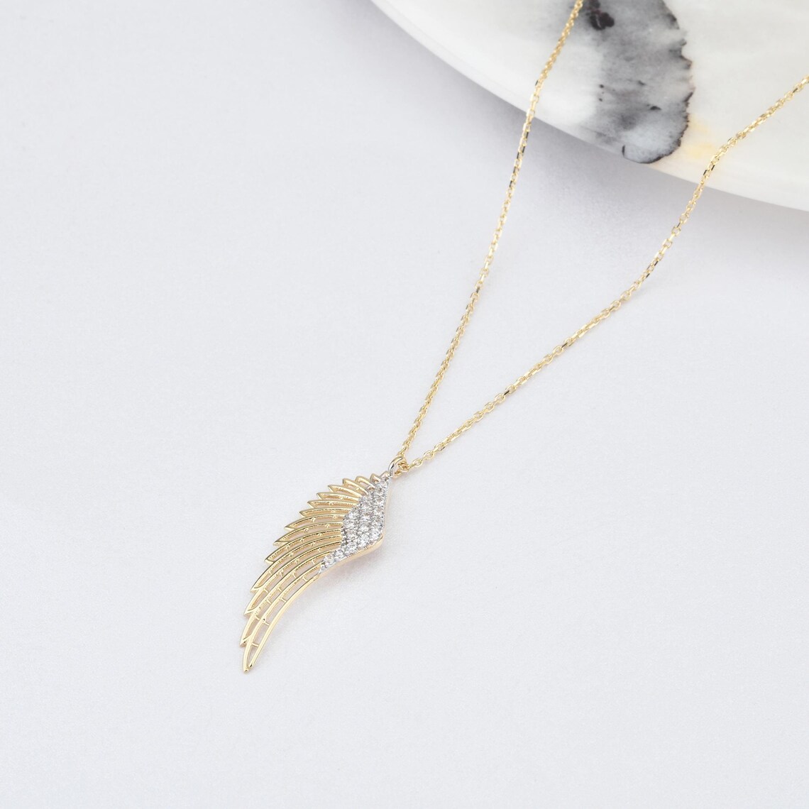 14K Gold Angel Wing Necklace, Gold Angel Necklace, Angel Wing Charm ...