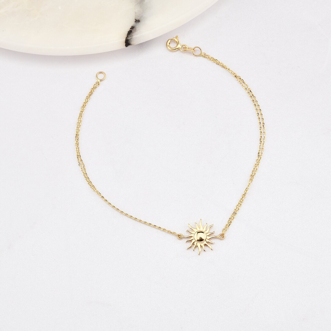 14K Gold Sun Bracelet, Sun Gold Bracelet, Sunhine Gold Bracelet ...