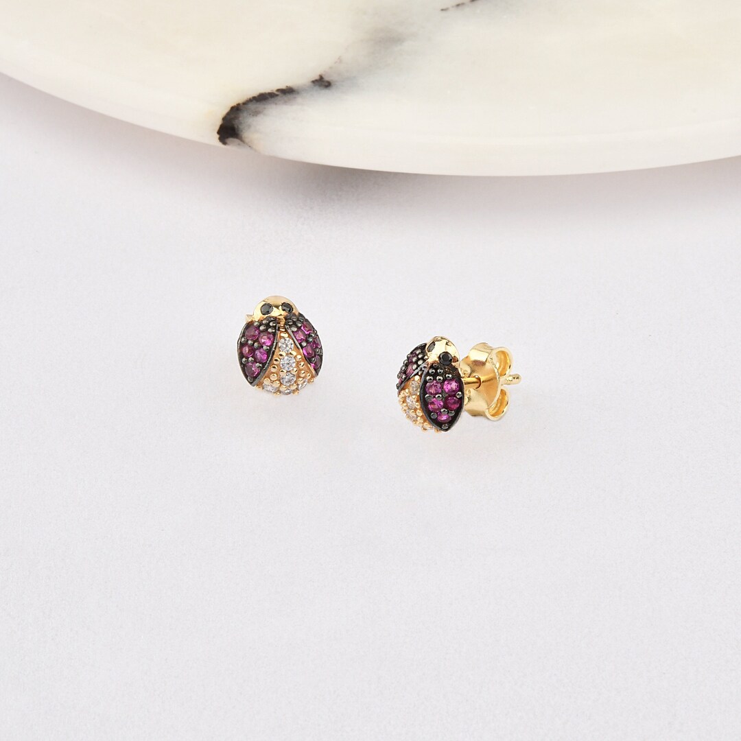 14K Gold Ladybug Earrings, Ladybird Earrings, Ladybug Gold Earrings ...