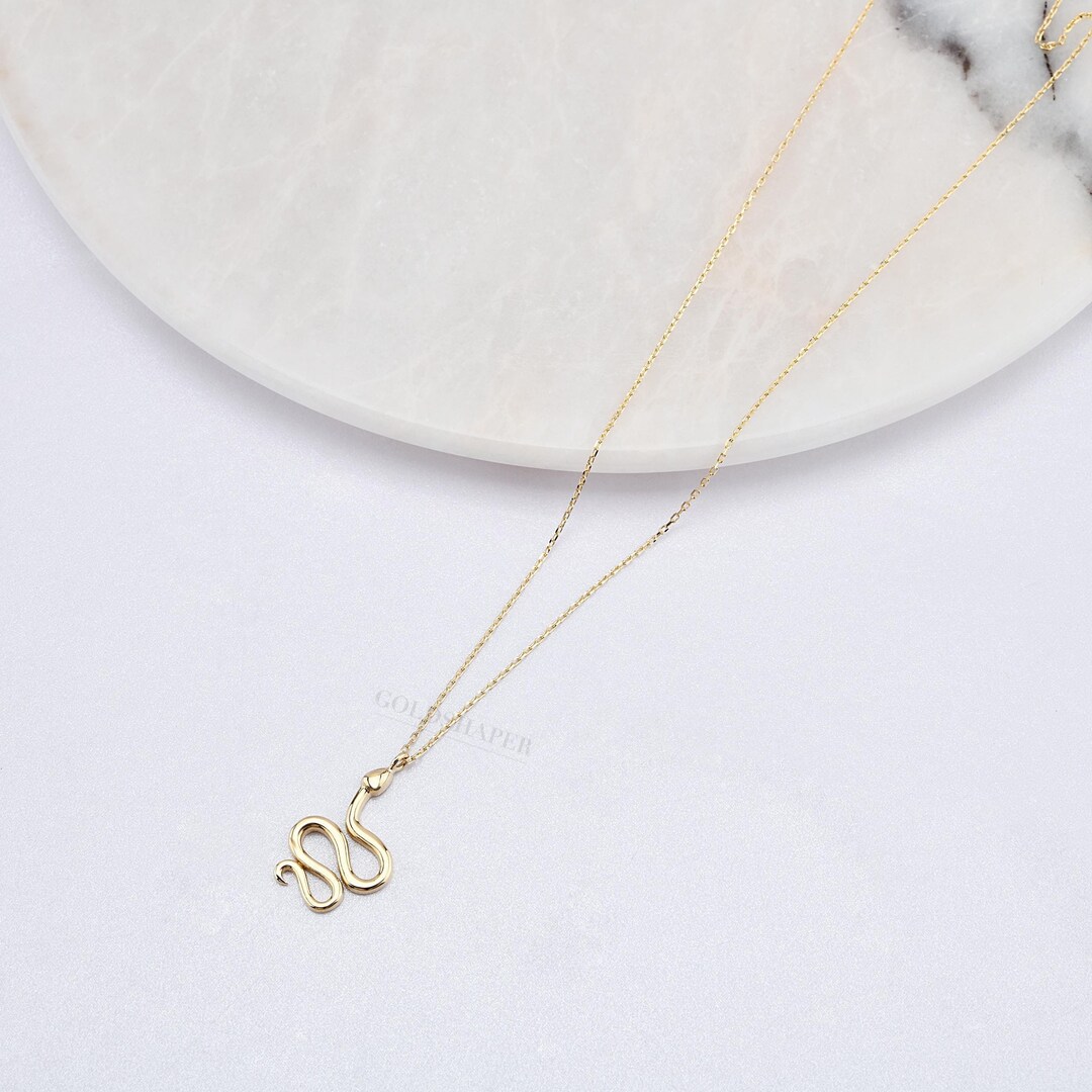14K Gold Snake Necklace, Gold Serpent Snake Necklace, Snake Charm ...