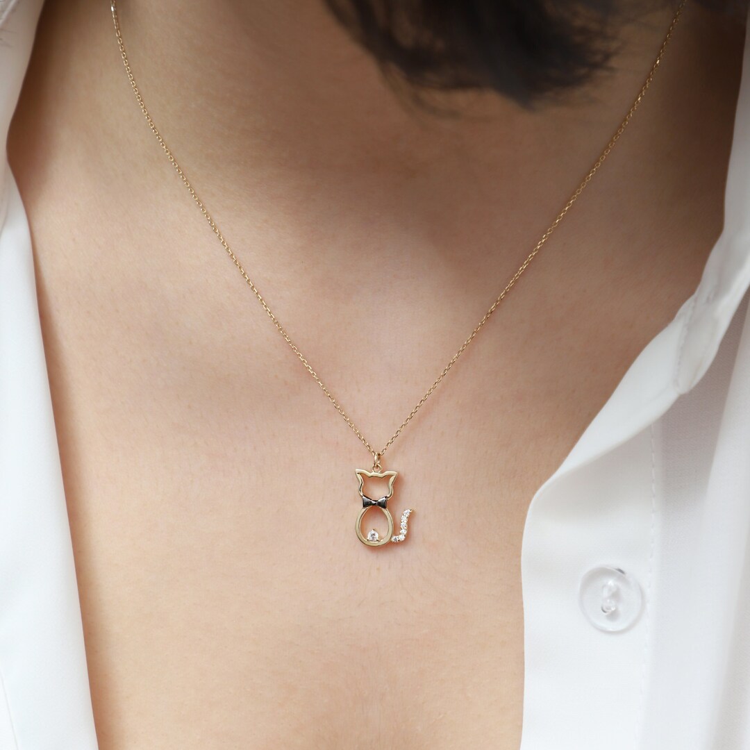 14K Gold Cat Necklace, Gold Cat Necklace, Cat Charm Necklace, Cat Gold ...