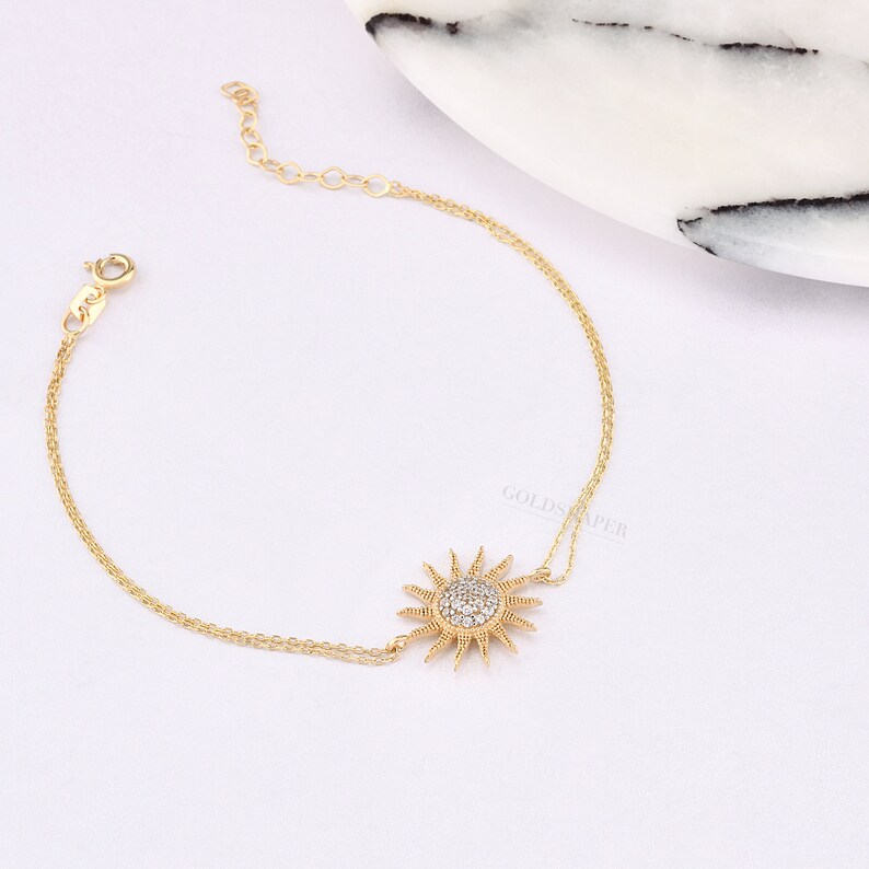 14K Gold Sun Bracelet, Sun Gold Bracelet, Sunhine Gold Bracelet ...