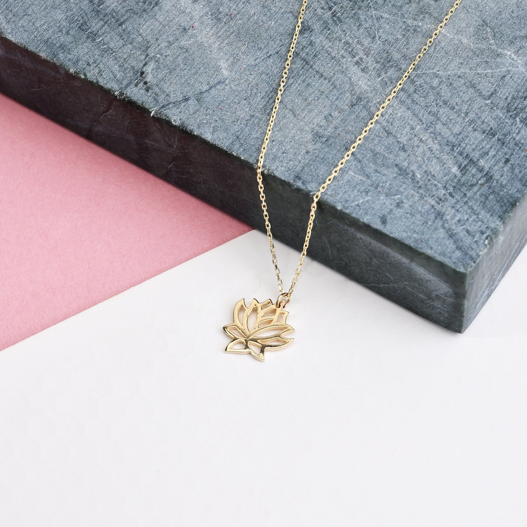 14K Gold Lotus Necklace, Lotus Flower Necklace, Lotus Necklace, Floral ...