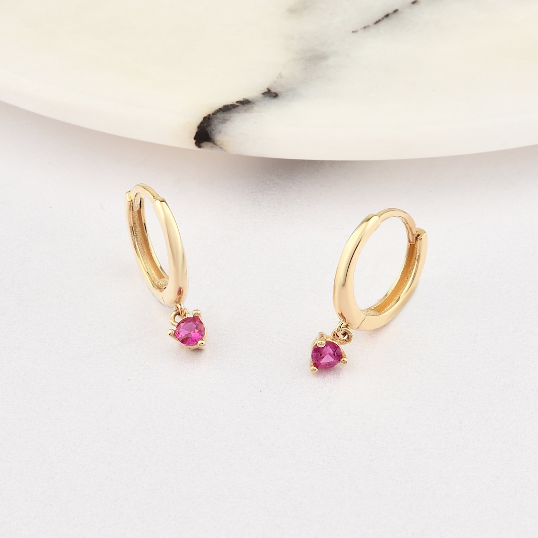 14K Gold Ruby Hoop Earrings, Ruby Gold Earrings, Ruby Stone Earrings ...