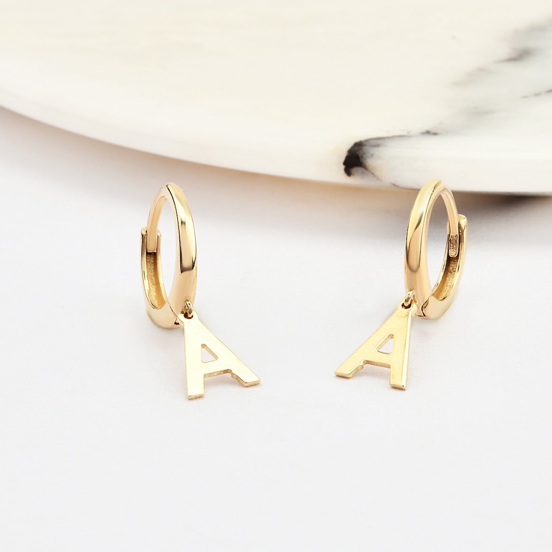 14K Gold Letter Hoop Earrings, Gold Initial Earrings, İnitial Earrings ...