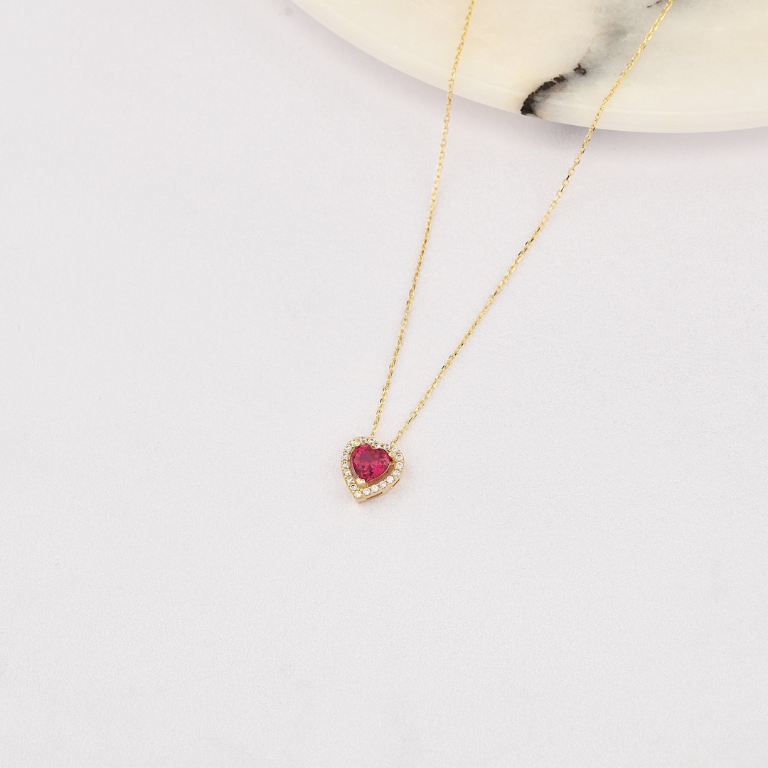 14K Heart Ruby Necklace, 14k Solid Gold Heart Necklace, September ...