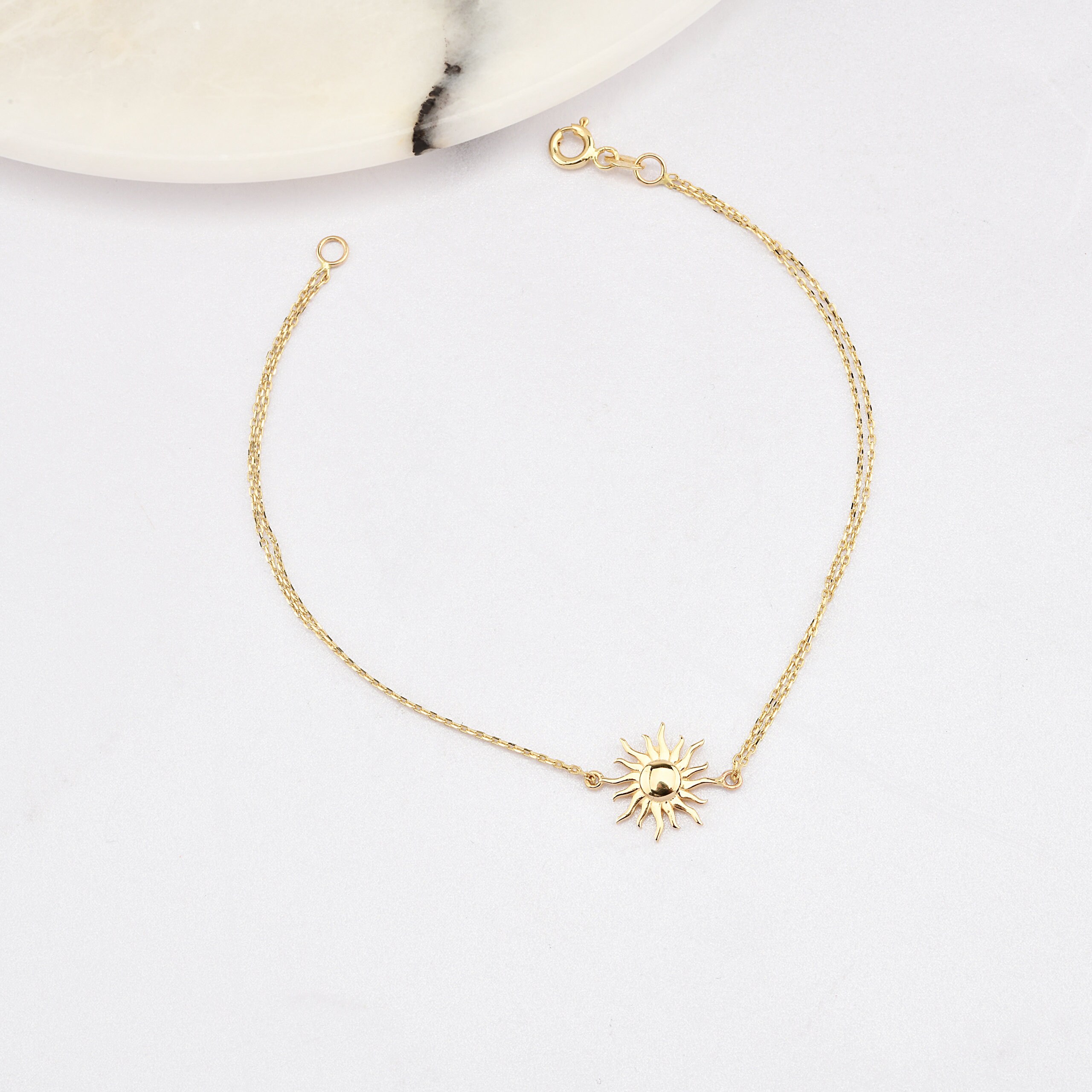 14K Gold Sun Bracelet, Sun Gold Bracelet, Sunhine Gold Bracelet, Calestial Bracelet, Sun Symbol ...