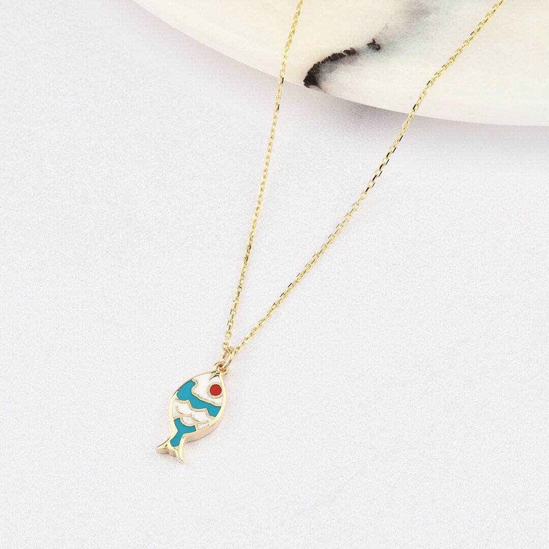 14K Gold Fish Necklace With Enamel, Gold Fish Necklace, Fish Charm ...