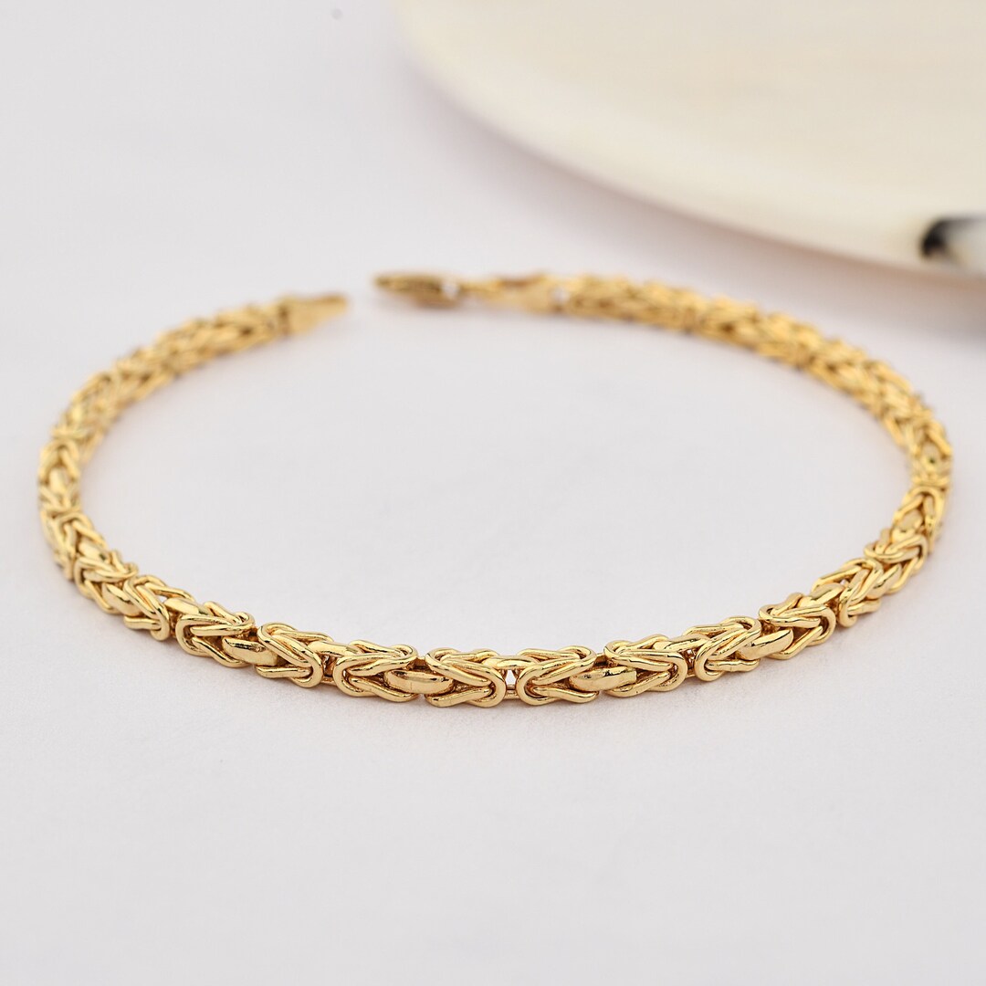 14K Real Gold Byzantine Flat Chain Bracelet, King Chain Bracelet, 3 MM ...