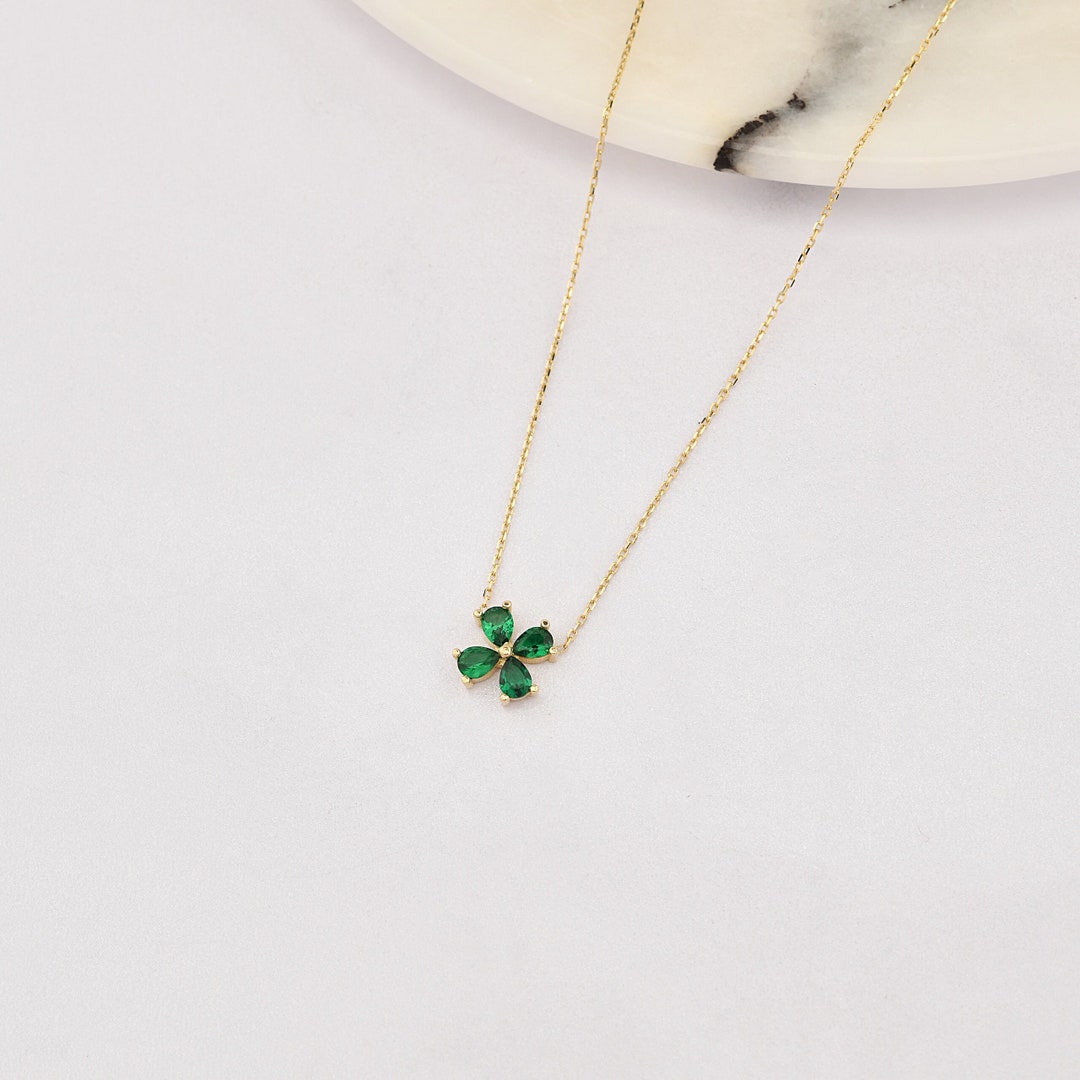 14K Gold Clover Emerald Necklace, Gold Clover Necklace, 4 Leaf Clover ...