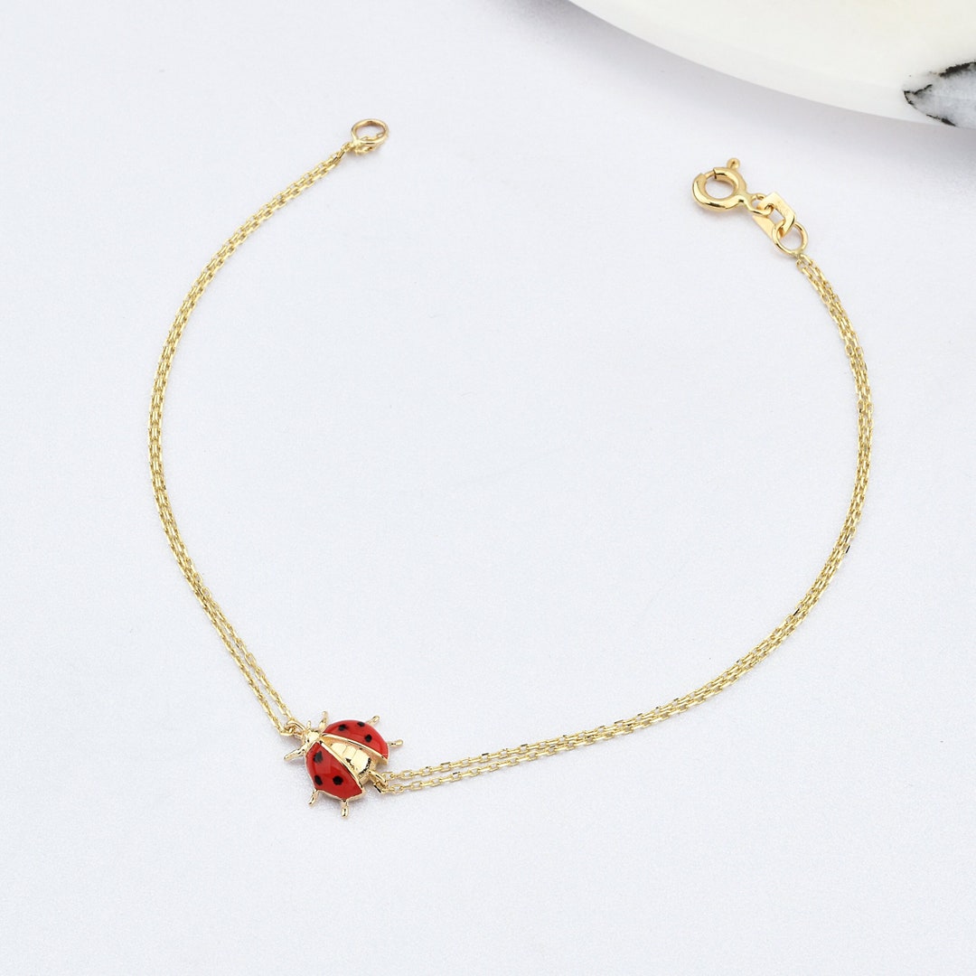 14K Gold Ladybug Bracelet With Enamel, Ladybug Gold Bracelet, Ladybug ...
