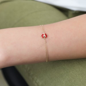 14K Gold Ladybug Bracelet With Enamel, Ladybug Gold Bracelet, Ladybug ...