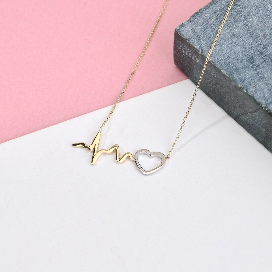 14K Gold Heart Beat Necklace, Heart Rhythm Necklace, Heart Necklace ...