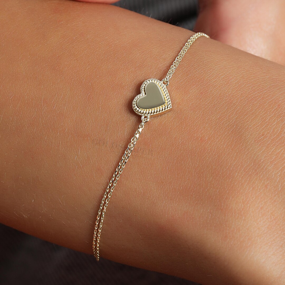 14K Gold Heart Bracelet, Heart Gold Bracelet, Heart Bracelet, Heart ...