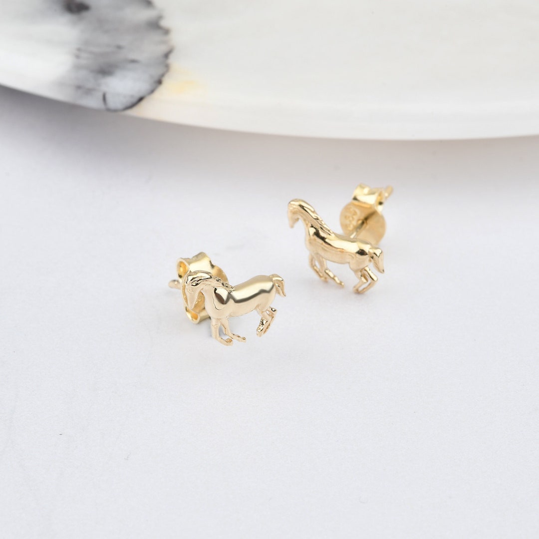 14K Gold Horse Earrings, Horse Gold Earrings, Horse Symbol Earrings ...