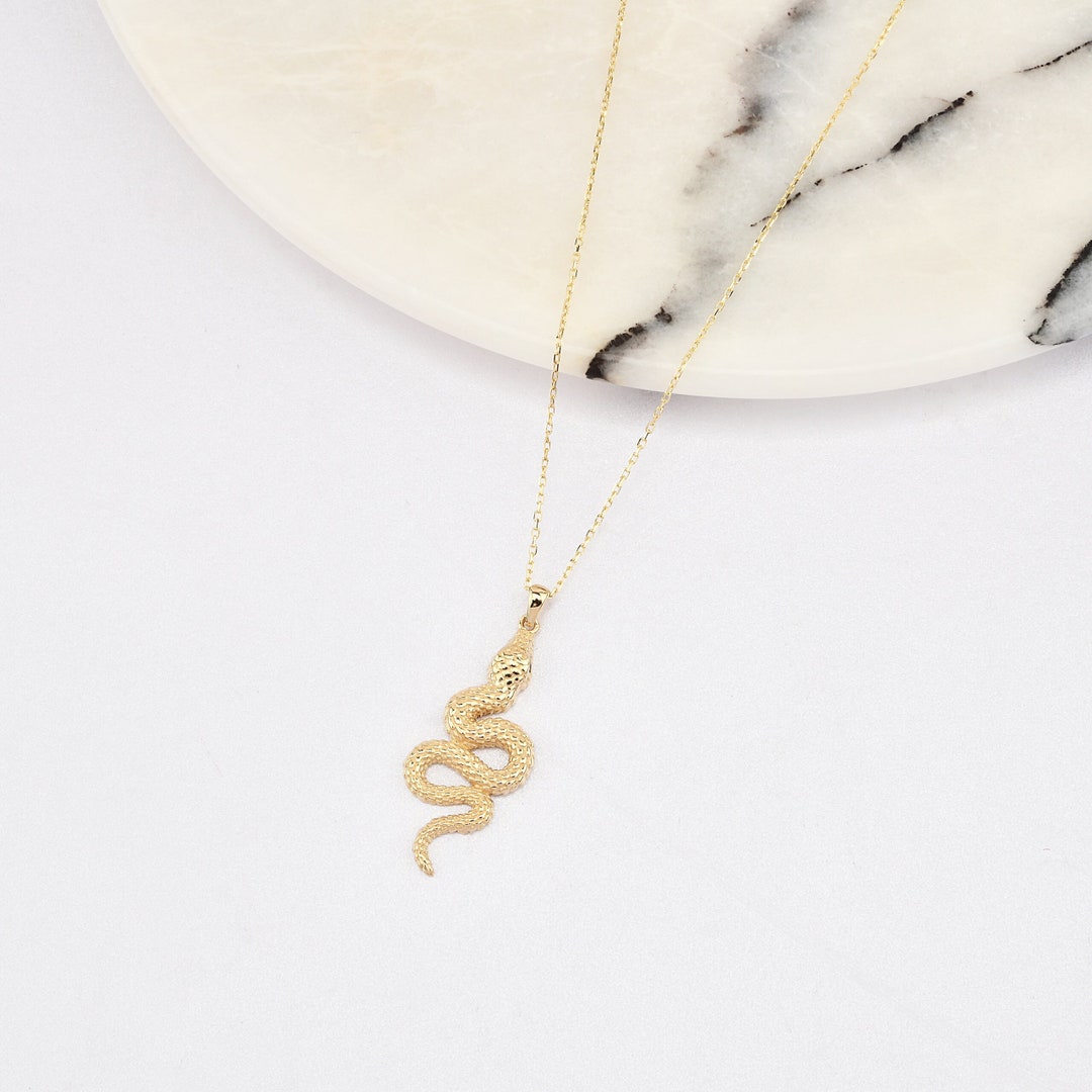 14K Gold Snake Necklace, Gold Serpent Snake Necklace, Snake Charm ...