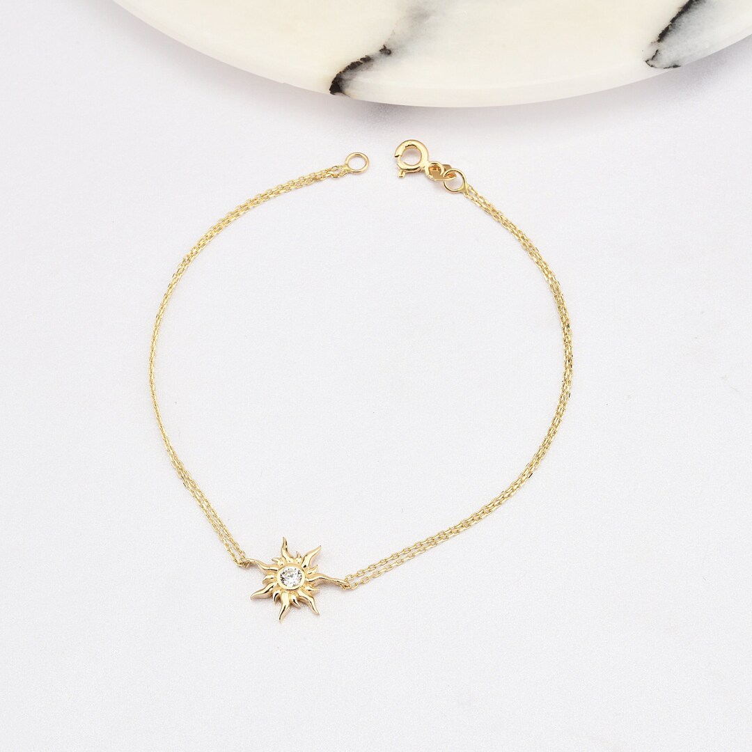 14K Gold Sun Bracelet, Sun Gold Bracelet, Sunhine Gold Bracelet ...