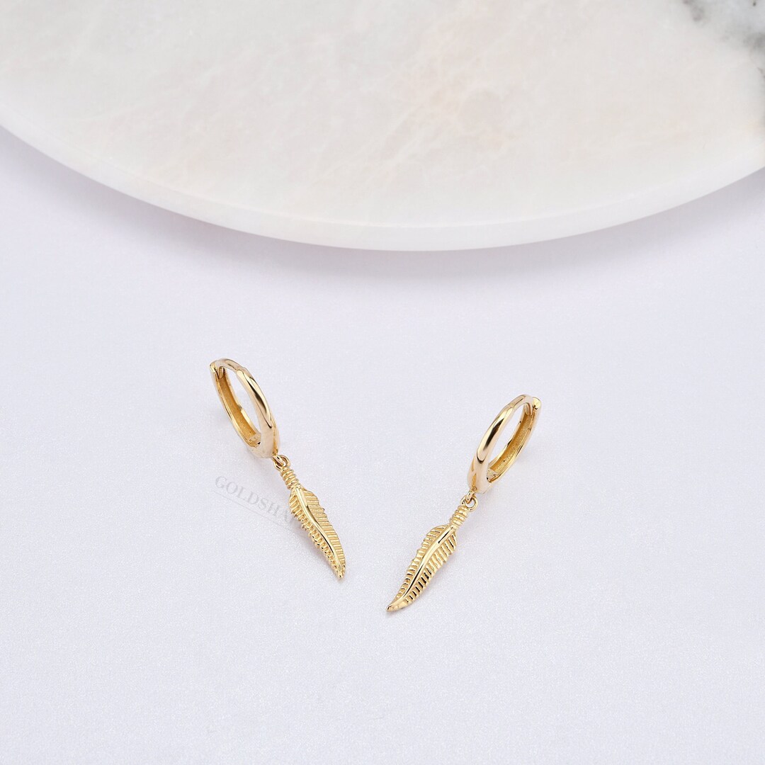 14K Gold Feather Hoop Earrings, Gold Feather Earrings, Gold Hoop ...